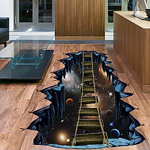 RW-82004 3D Floor Stickers Galaxy Interstellar Space Suspension Bridge Floor Stickers Removable Illusion Waterproof Floor Wall Decor for Kids Bedroom Living Room Nursery Home Decoration