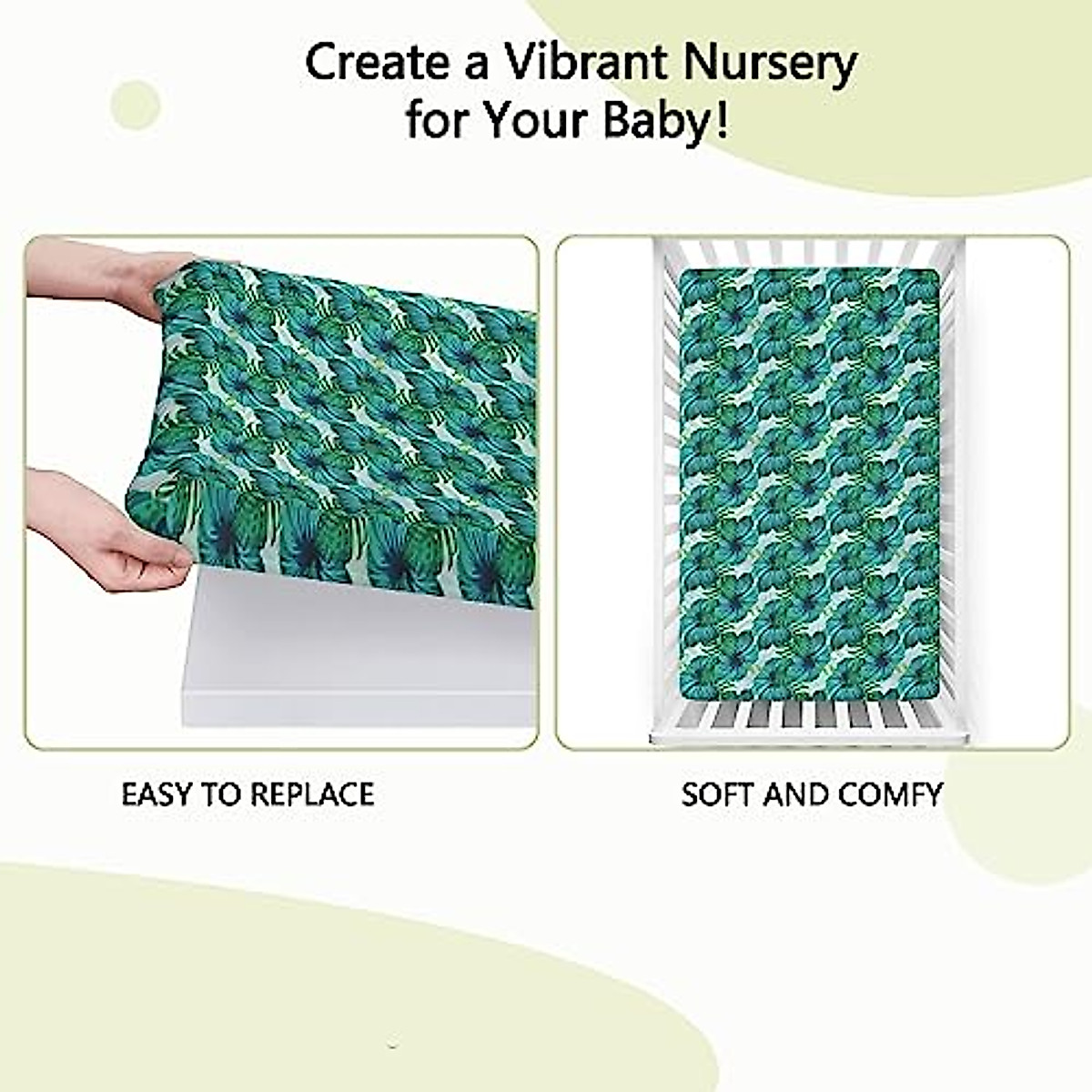 Exotic Themed Fitted Crib Sheet,Standard Crib Mattress Fitted Sheet Soft Toddler Mattress Sheet Fitted - Baby Crib Sheets for Girl or Boy,28“ x52“,Dark Seafoam Sea Green Shamrock Green