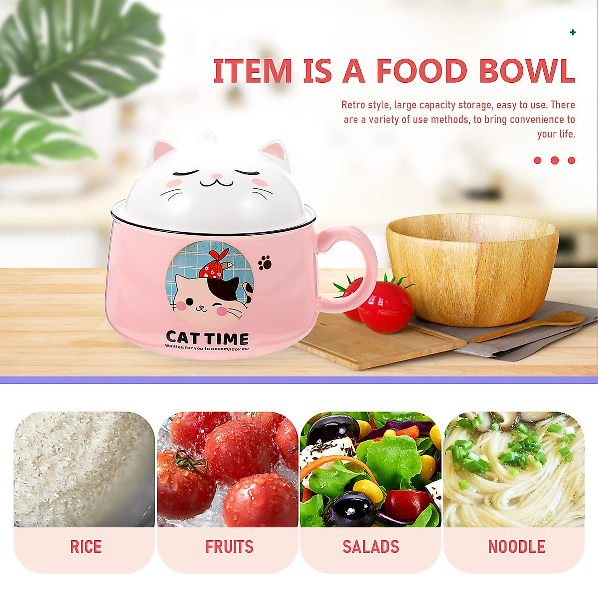 Angoily Chinese Decor Ceramic Bowl with Lid Handle Cat Design Instant Noodle Bowl Cereal Bowl Soup Mug Ramen Bowl for Rice Salad Noodle Pho Vegetable Fruit 1020ml Pasta Container