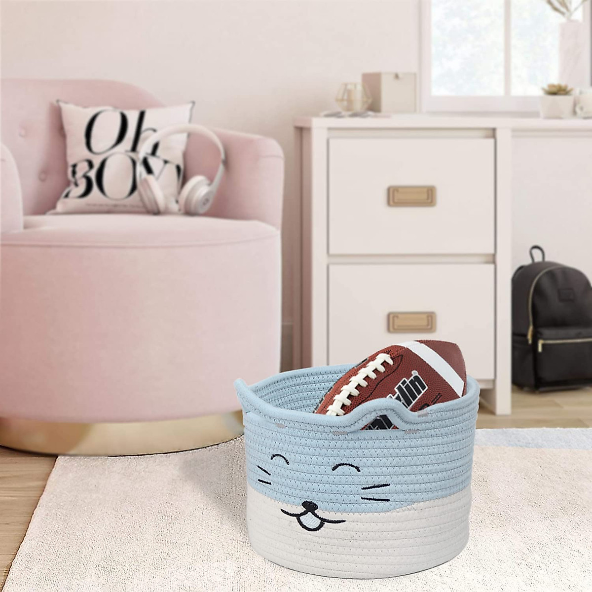 Small Woven Cotton Rope Storage Basket,2 Pack Cute Cat Cotton Rope Baskets with Handle,Baby Nursery Organizer for Toy Storage Bin | Pet Gift Basket for Cat,Dog,10 x 10 x 7 Inch