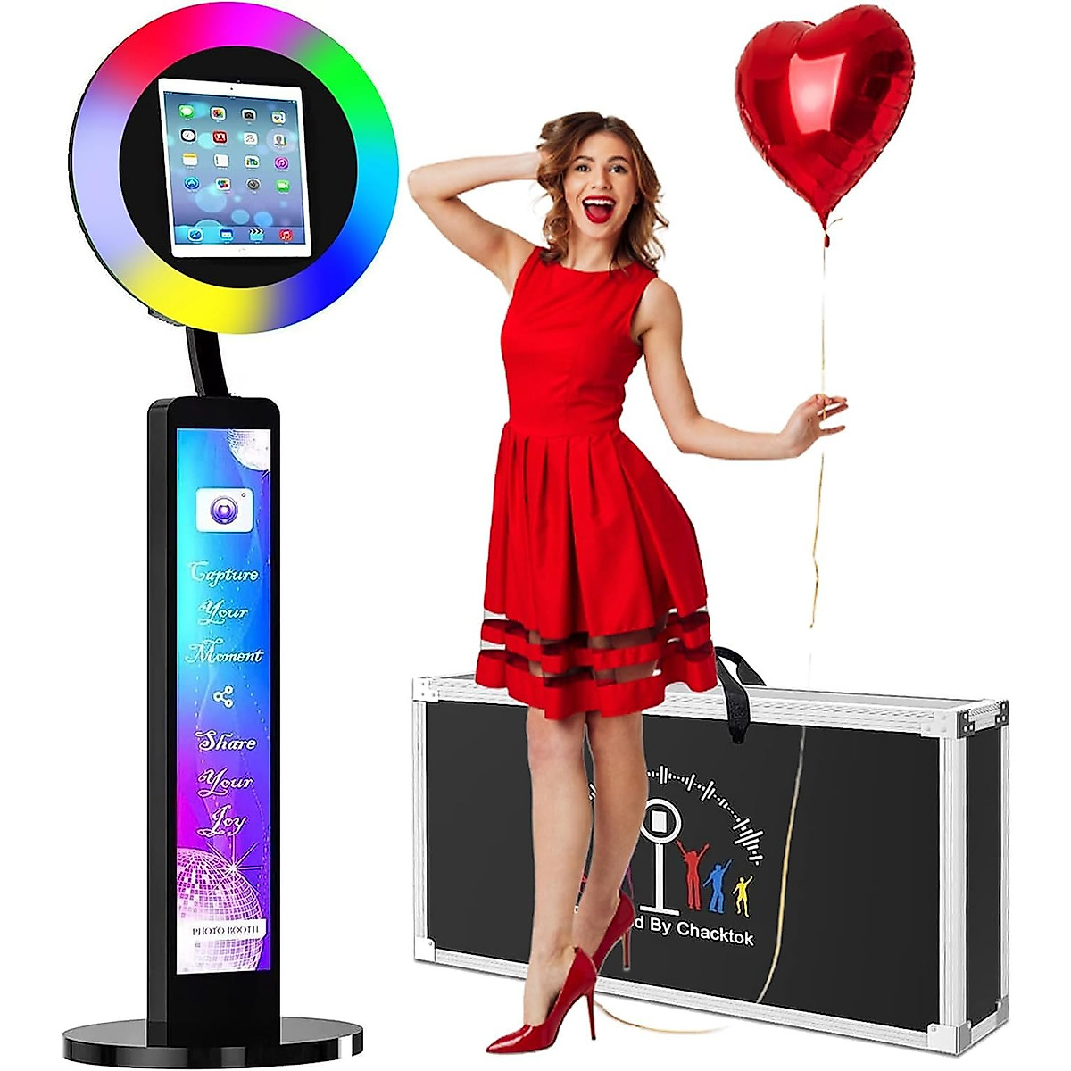ZLPOWER Portable Photo Booth Shell Stand Stand for IPad 10.2" 10.9" 11" 12.9" Printer Stand Selfie Customized Logo Photobooth with Round RGB LED Light Ring and Flight Case for Events Christmas Wedding