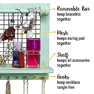 SoCal Buttercup Shabby Chic Jewelry Organizer with Removable Bracelet Rod from Wooden Wall Mounted Holder for Earrings Necklaces Bracelets and Other Accessories