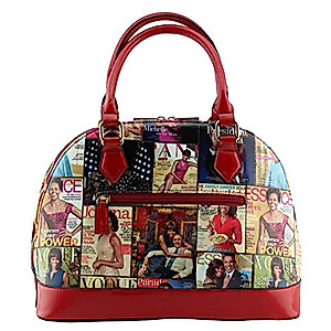 Glossy magazine cover collage dome satchel bag purses bowling bag Michelle Obama bags with wallet set 2 in 1 (MULTI/RD)