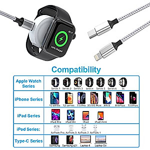 5 in 1 Smart Watch Charger Cable 6FT Magnetic iWatch Charger Multi Charging Cable with Lightning*2+Type C Nylon Braided iPhone Charger for Apple Watch Series 7/6/5/4/3/2/1/SE/iPhone/iPad/Samsung/Andr