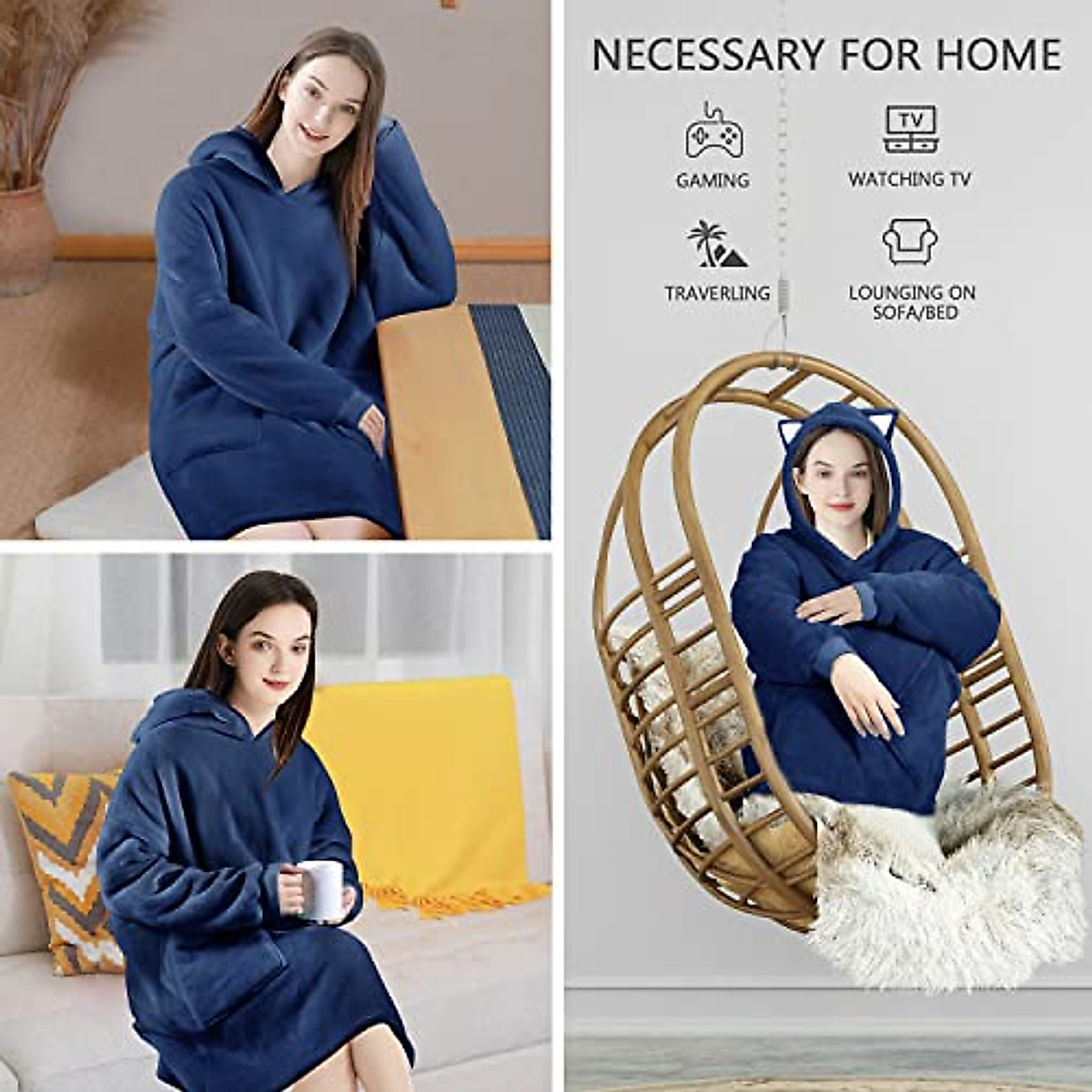 FBSPORT Wearable Blanket Hoodie, Oversized Blanket Sweatshirt for Women Men Adults Teens, Super Soft Warm Flannel & Sherpa Sweatshirt Blanket with Pocket, Blue
