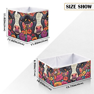 Vnurnrn Collapsible Storage Cube Beautiful Cow in Flower Print, Organizing Baskets with Support Board for Shelf Closet Cabinet 11×11×11 in