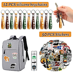 110PCS Hunting Birthday Party Decorations Favors Includes 50 Hunting Stickers,12 Keychain, 12 badge, 12 Wristband, 12Bags, 12 sheet tattoos for for Boys Girls Gifts Deer Baby Shower Birthday Party