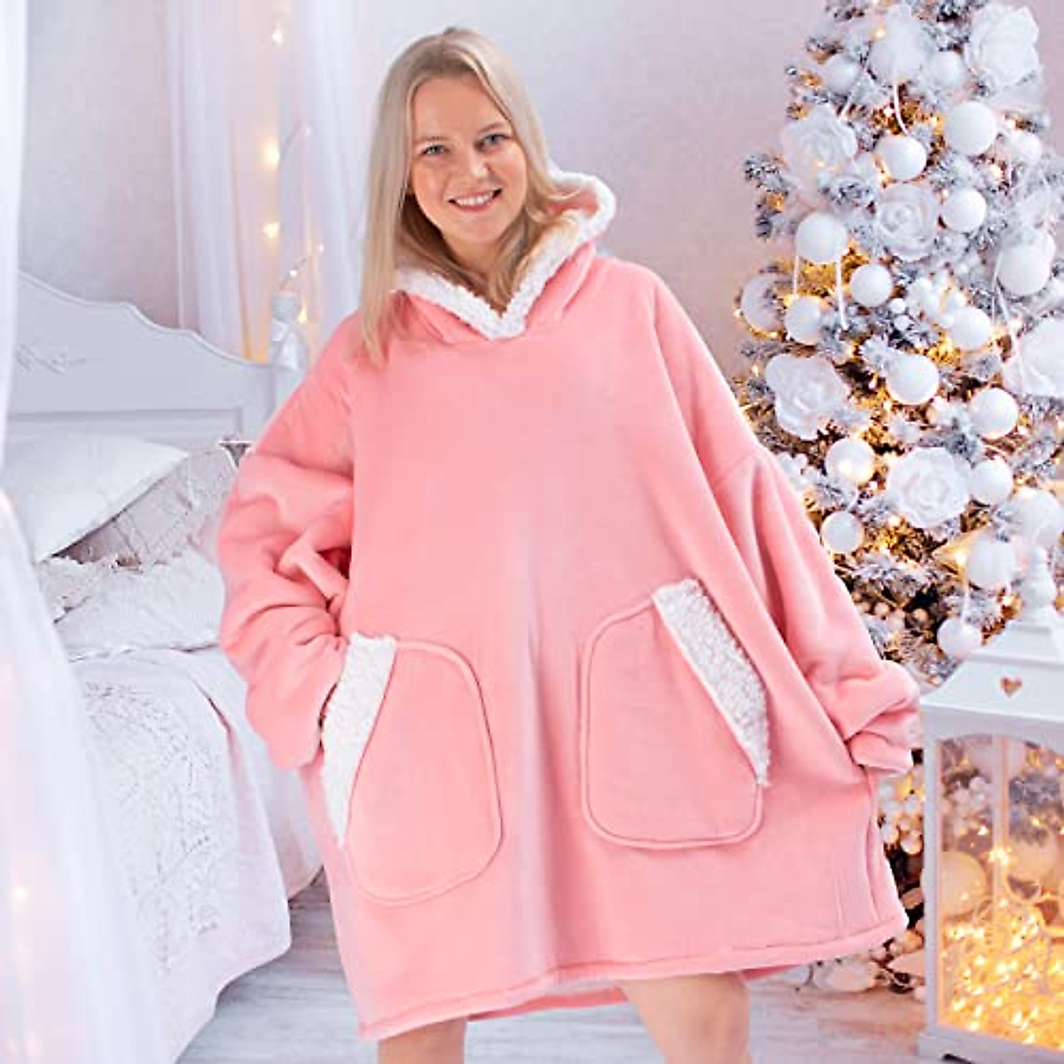 Comore Blanket Hoodie-Oversized Wearable Blanket Sweatshirt Cozy Warm Soft Sherpa with Giant Patch Pockets for Women Kids Men Adults Pink