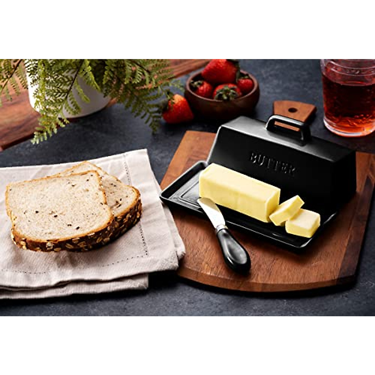 Ceramic Butter Dish Set with Lid and Knife - [Black]- Decorative Butter Stick Holder with Handle for 1 Stick of Butter - Microwave Safe, Dishwasher Safe - Anti-Scratch Stickers Included.