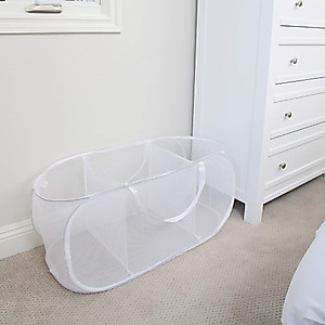 Smart Design Deluxe Mesh Pop Up 3 Compartment Laundry Sorter Hamper Basket - VentilAir Fabric Collapsible Design - for Clothes & Laundry - Home Organization (Holds 6 Loads) (33 x 15 Inch) [White]