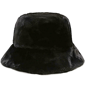 Winter Faux Fur Furry Black Bucket Hat Fluffy Fuzzy Warm Hat Plush Fisherman Hat for Women Teens Girls
