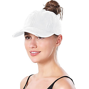 Mwfus Women Criss Cross Ponytail Baseball Cap High Messy Buns Ponycaps Vintage Washed Adjustable Trucker Cap White