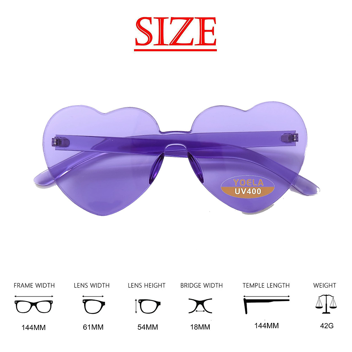 OLIN Heart Thick Oversized Rimless Sunglasses One Piece Heart Shape Eyewear Colored Sunglasses for Women Purple, Heart