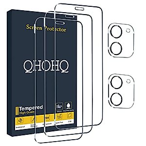 QHOHQ 3 Pack Screen Protector for iPhone 12 6.1 Inch with 2 Pack Tempered Glass Camera Lens Protector, Ultra HD, 9H Hardness, Scratch Resistant, Easy Install - Case Friendly