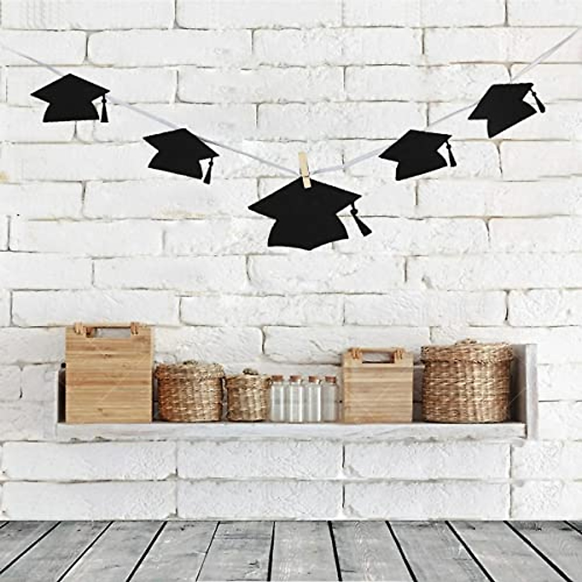 BinaryABC Graduation Party Banner,Grad Cap Photo Banner Garland with Clip,Graduation Party Decorations(Black or White Rope Random)