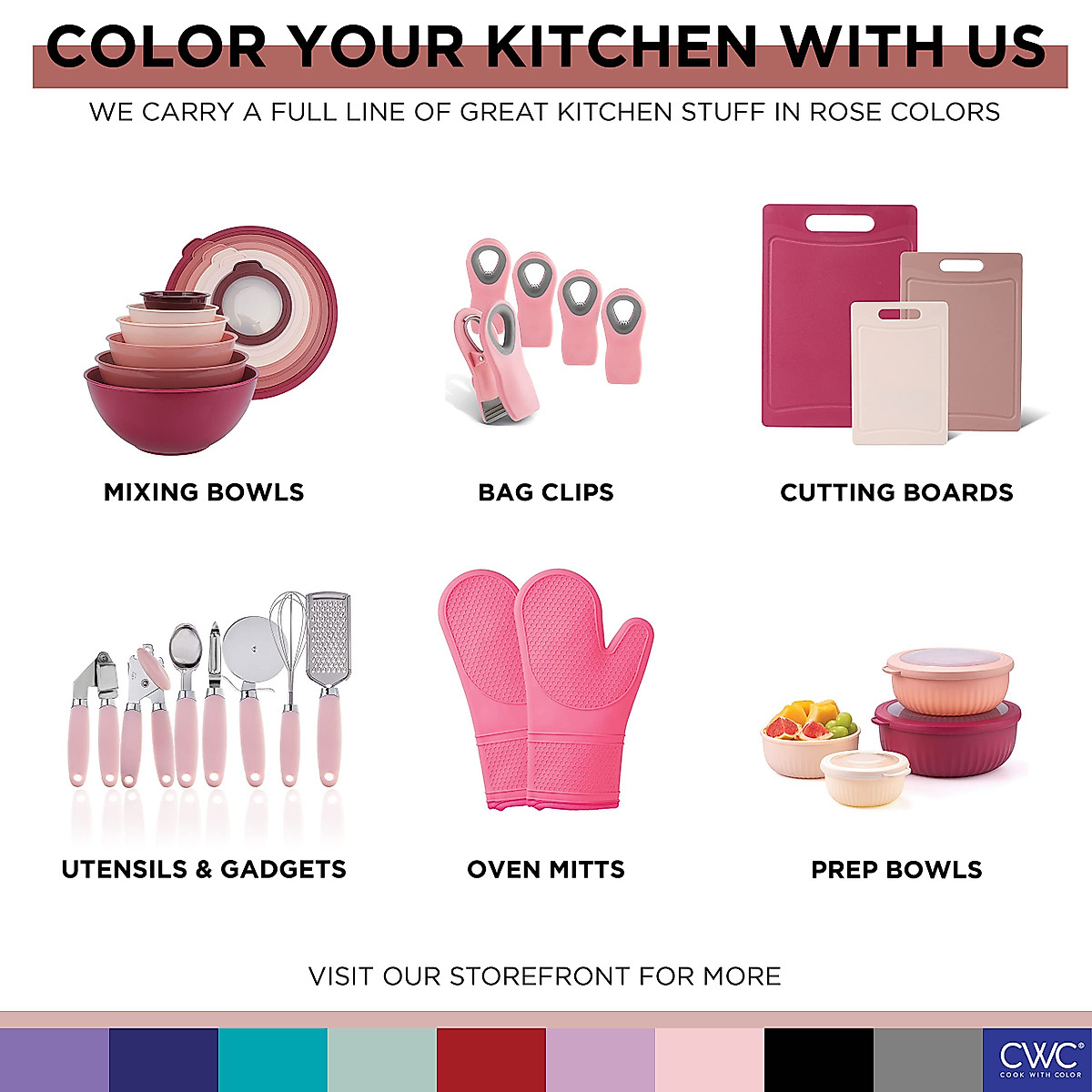 COOK WITH COLOR Prep Bowls with Lids- Wide and Deep Nesting Plastic Small Mixing Bowl Set with Lids, 12 Piece Set - Deep Bowls, Rose