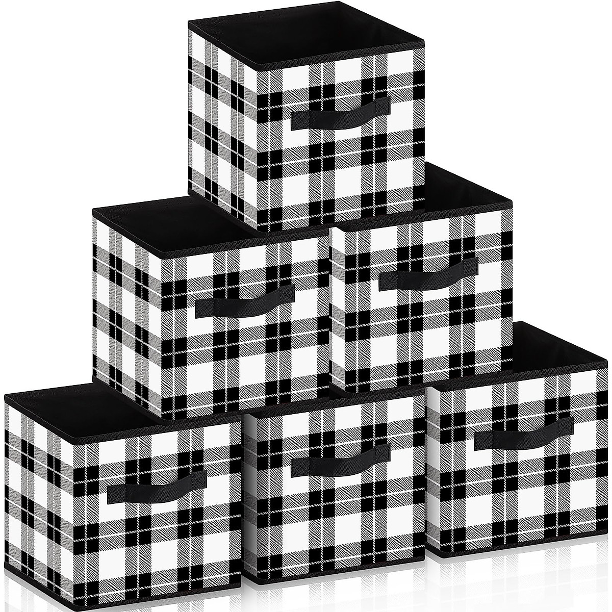 Suzile 6 Pcs Buffalo Plaid Storage Bins Christmas 10'' Buffalo Plaid Foldable Fabric Storage Cube with Handles Christmas Basket Storage Box Organizers for Toys Shelf Closet Home Gift (Black and White)