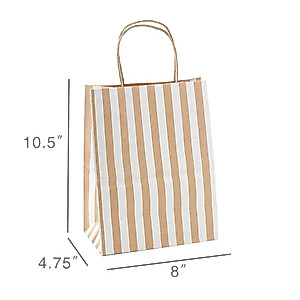 GSSUSA 8x4.75x10 50 Pcs Kraft Paper Bags Shopping Bags Grocery Mechandise Paper Gift Bags (Brown with White Strip)