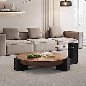 Round Coffee Table, 36in 2-Part Unique Modern Wooden Coffee Tables for Living Room Bedroom Coffee, Solid Wood Coffee Table Leg & Top, Brown Explosion-Proof Glass Small Top