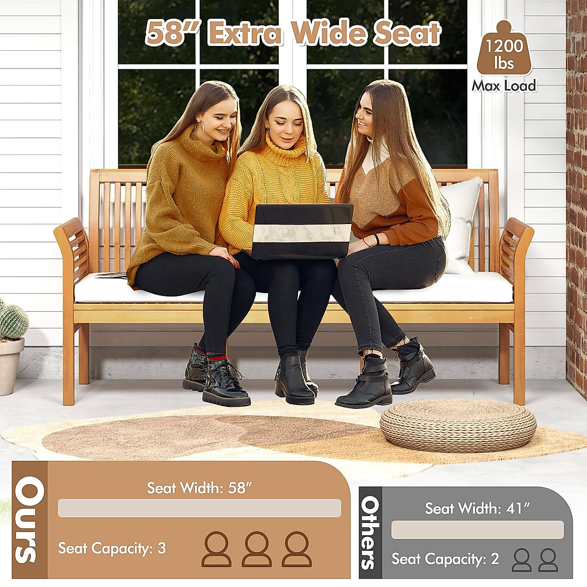 Tangkula Patio 3-Seat Wood Bench, 62.5 Inches Long Acacia Bench with Soft Seat Cushions, Ergonomic Backrest & Armrests, Outdoor Bench Seat for Balcony, Porch, Garden (Off White)