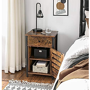 VASAGLE Nightstand, Side Table with Drawer, Shutter Door, End Table with Adjustable Shelf, Metal Frame, Industrial Style, Rustic Brown and Black ULET063B01