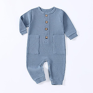 Yookoom Baby Boys Girls 2 Pack Solid Romper Ribbed Long Sleeve One-Piece Knit Cotton Jumpsuit Outfits Clothes,Blue+Gray,3-6M