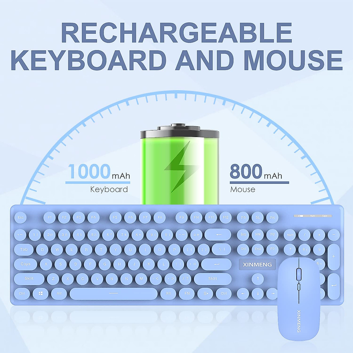 Wireless Keyboard and Mouse Combo, Retro Typewriter Keyboard Wireless 104 Keys Full Size with Silent Round Keycaps, Bluetooth 5.1 & 2.4G Wireless Dual Mode Rechargeable Compatible PC/Laptop/Mac (Blue)