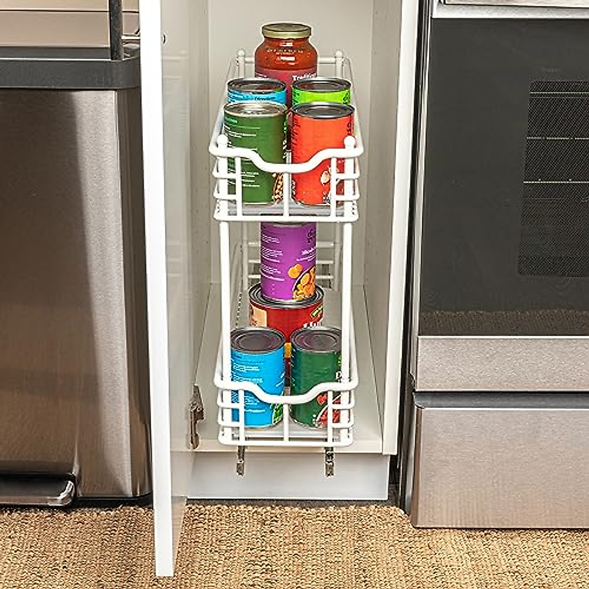 Household Essentials Glidez Multipurpose Paint-Finished Steel Pull-Out/Slide-Out Storage Organizer with Plastic Liner for Under Cabinet Use - 2-Tier Design - Fits Standard Size Cabinet or Shelf, White