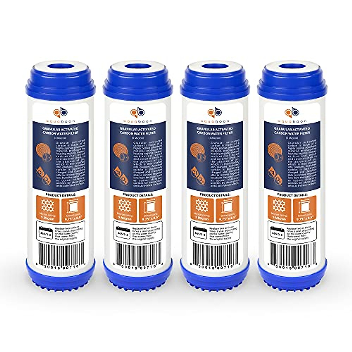 Aquaboon Universal 10 x 2.5 inch Coconut Shell GAC Cartridge | 5 Micron Granular Activated Carbon Water Filter Replacement | Compatible with C-10, WFPFC9001, AP117, GAC-10, FXUTC, D-20A, GAC1, 4 Pack