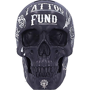 Nemesis Now Gothic Tattoo Fund Skull Money Box, Hand-Painted Resin with Traditional Tribal Illustrative Designs, Unique Savings Bank for Tattoo Enthusiasts