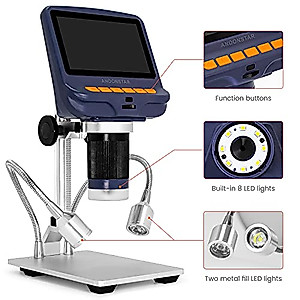 Andonstar AD106S USB Digital Microscope with 4.3 inch LCD Screen, 200X for Circuit Board Soldering, Coin Microscope Camera with 8 Adjustable LED Lights, Metal Stand, Windows Compatible