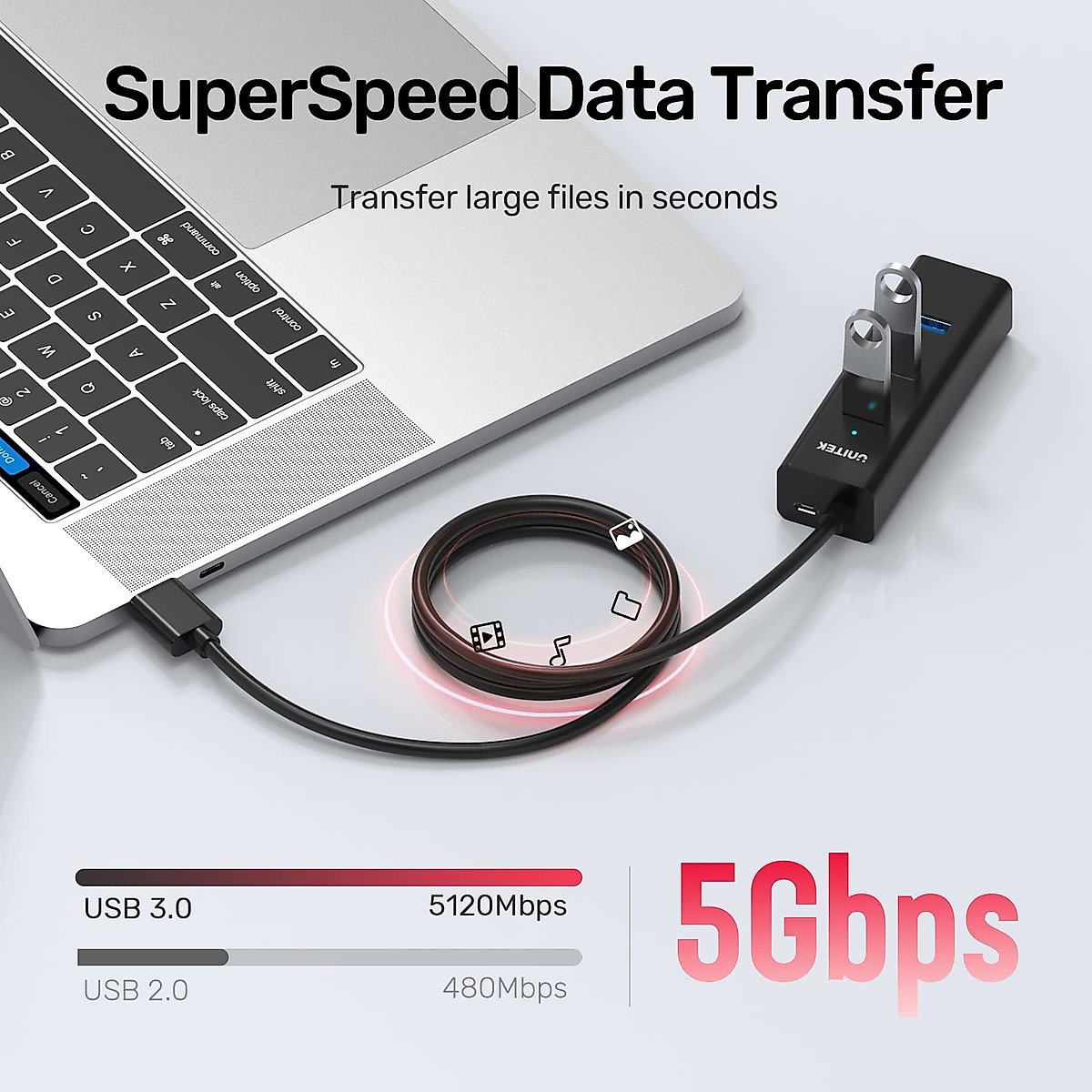 Unitek 4-Port USB 3.0 Hub, 4 Ft Long Cable USB Extension Multiple Port Splitter with Micro USB Charging Port Compatible for Windows PC, Laptop,Flash Drive,Wireless Mouse Keyboard 1.2 M - Black