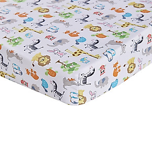 CribMATE 1 PCs White Animal Print Nursery Crib Fitted Sheet Lion Giraffe Zebra Noah's Ark Collection Matching Baby Cot Bed Sheet Baby Girl Baby Boy Toddler, 28 X 52