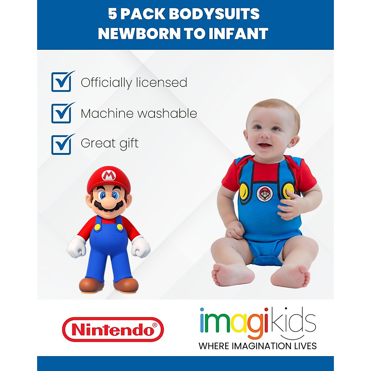 Super Mario Nintendo Mario Yoshi Donkey Kong Browser Lugi Toad Newborn Baby Boys 5 Pack Short Sleeve Bodysuits MulticoloRed 6-9 Months