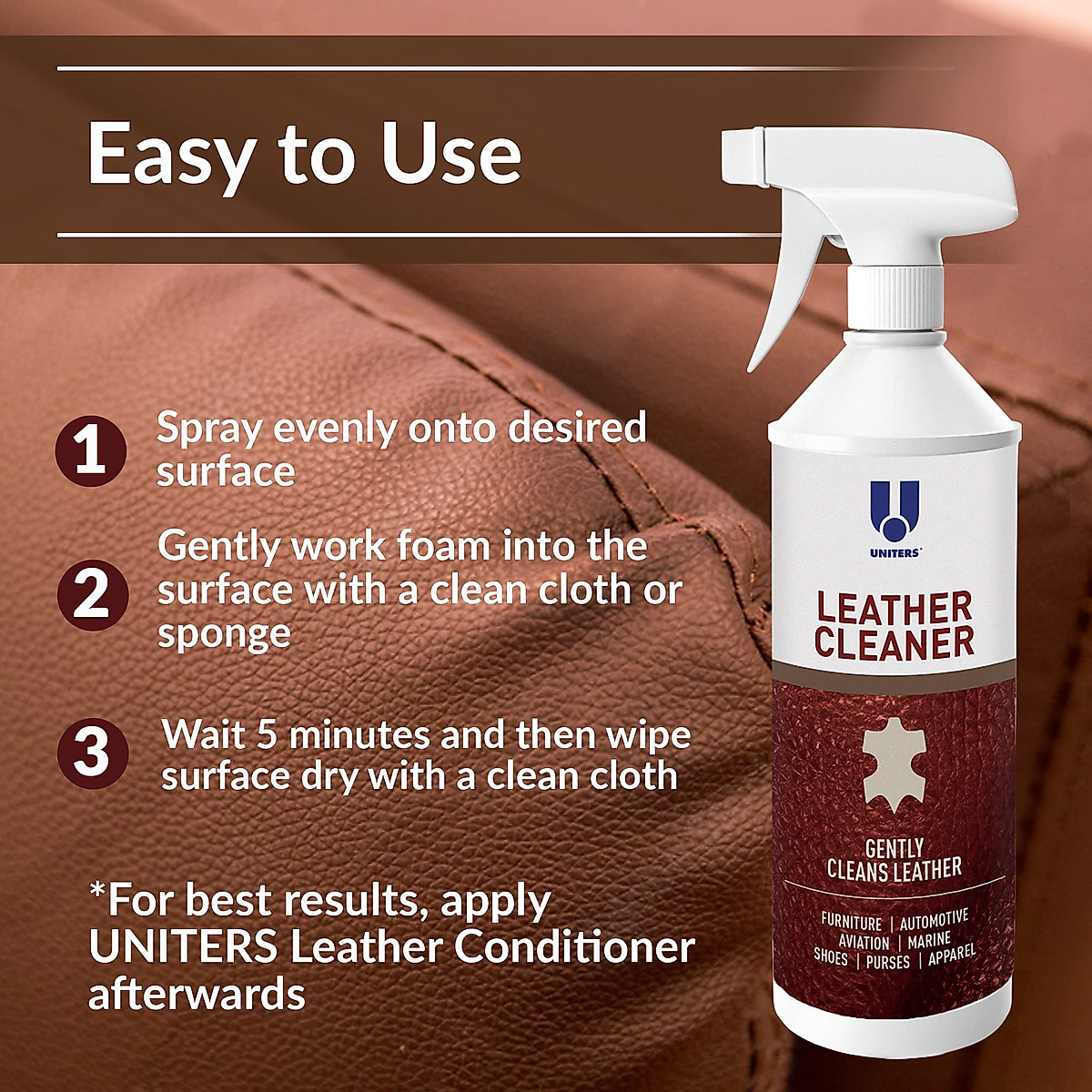 UNITERS Leather Cleaner Foam Solution - Leather Care Stain Remover & Cleaner for Car Interior - Car Leather Seat Cleaner, Faux Leather, Furniture, Handbags, Upholstery, Shoes & More 500ml 16.9 oz