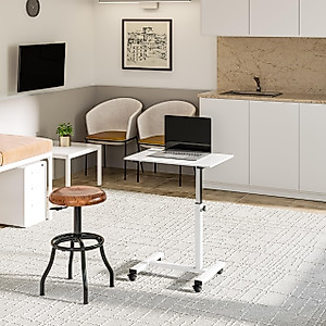 Seville Classics Solid-Top Height Adjustable Mobile Laptop Computer Desk Cart Ergonomic Home Office Stand Rolling Table, Overbed (23.6"), White