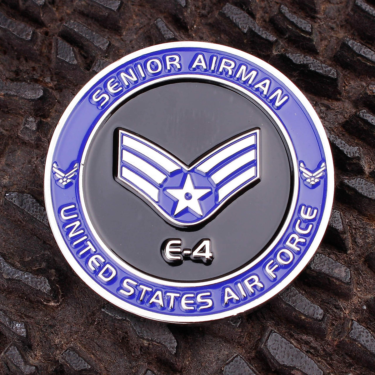 Air Force Senior Airman E4 Challenge Coin! United States Air Force Senior Airman Rank Military Coin. E-4 USAF Challenge Coin! Designed by Military Veterans - Officially Licensed Product!