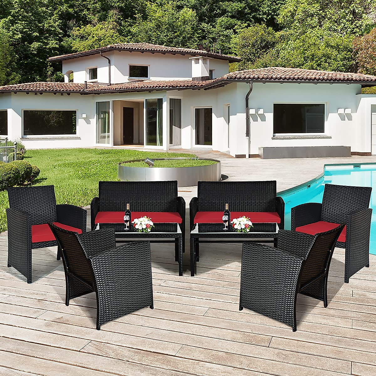Tangkula Patio Wicker Conversation Furniture Set, Patiojoy Sofa & Table Set w/4 Seats, Outdoor Rattan Sofa Set for Balcony Backyard, Wicker Chair Set with Tempered Glass Coffee Table (1, Red)
