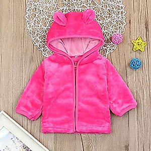 Noubeau Infant Baby Boys Girls Fleece Ears Hat with Lined Hooded Zipper Up Jacket Coat Tops Outwear Overcoat Warm Fall Winte (Pink, Tag size L, US 12-18Months)
