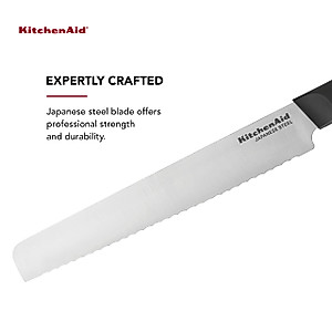 KitchenAid Classic Serrated Bread Knife with Custom-Fit Blade Cover, 8-inch, Sharp Kitchen Knife, High-Carbon Japanese Stainless Steel Blade, Black