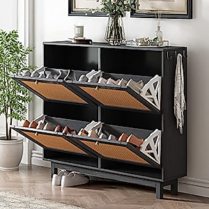 Merax Rattan Free Standing Shoe Rack with 4 Flip Drawers, Modern 2-Tier Storage Cabinet with Large Space for Entrance Hallway, Boho Style, Black