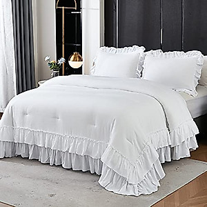 Andency White Ruffle Comforter Full Set, 3pcs Vintage Farmhouse Shabby Chic Bedding Comforter Set, Soft Lightweight Fluffy Bed Comforter Sets All Season Bedding Set