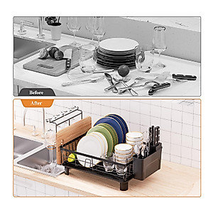 IceFun Dish Drying Rack,Kitchen Dish Rack with Auto-Drain, 3-Slot Cutlery Holder, Wine Goblet Holder,Cutting Board Holder, and 360° Rotating Spout.Dish Racks for Kitchen Counter,12''W x 15''L,Black