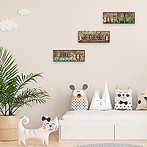 3 Pcs Woodland Nursery Decor Safari Nursery Woodland Animals Themed Painting Wooden Be Kind Brave Curious Sign Framed Wall Art Forest Nursery Decor Inspirational Pictures for Baby Bedroom, 11 x 4 Inch