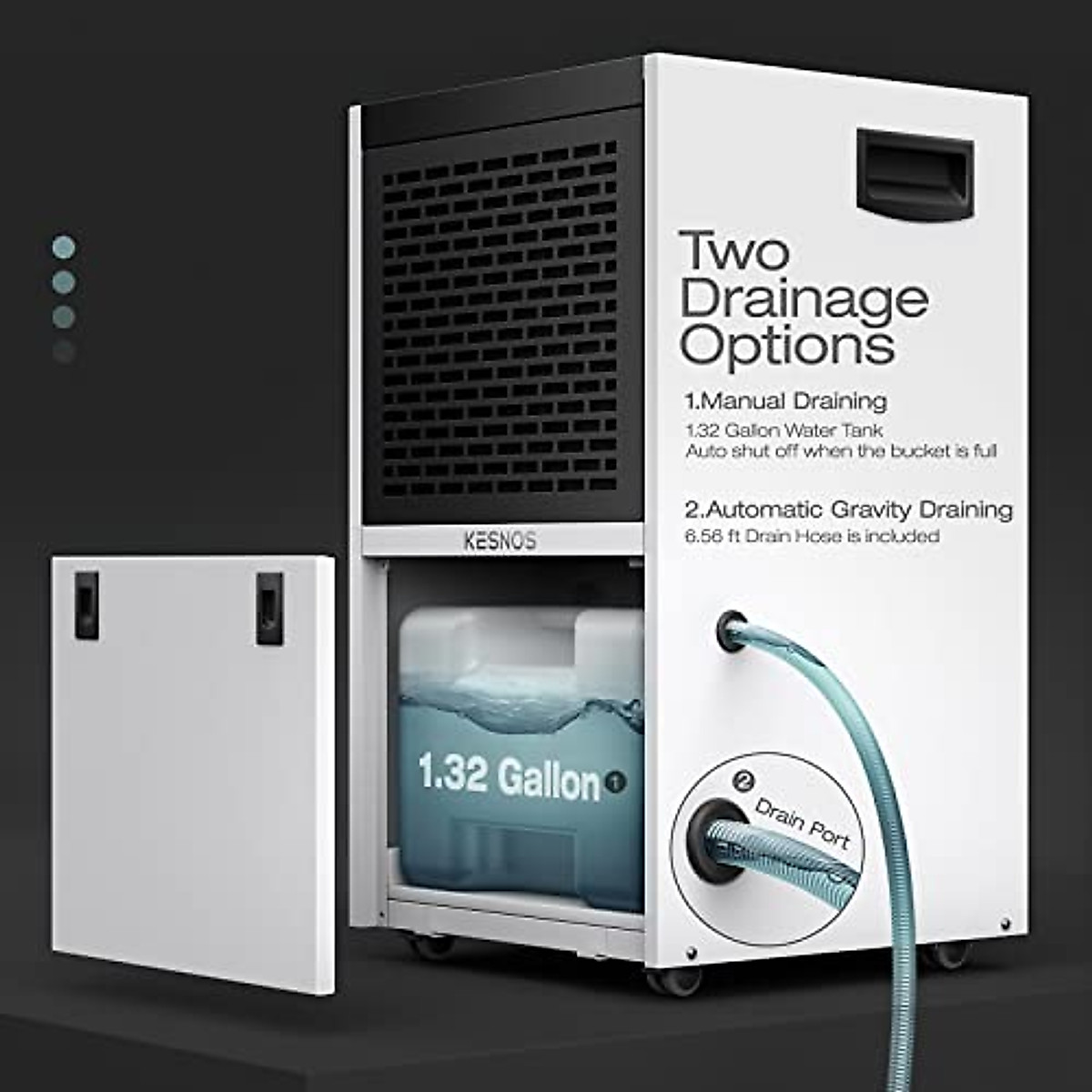 Kesnos 155 Pint Commercial Dehumidifier with 6.56 ft Drain Hose and 1.32 Gallon Water Tank for Space up to 7500 Sq. Ft - 24 Hr Timer Ideal for Basements, Industrial or Commercial Spaces and Job Sites