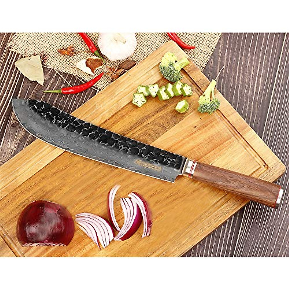 YOUSUNLONG Breaking Knives 10 inch Pro Bull Nose Butcher Knife Japanese Hammered Damascus Steel Natural Walnut Wooden Handle