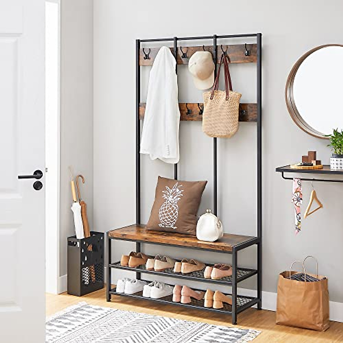 VASAGLE Large Coat Rack Stand, Coat Tree with 12 Hooks and Shoe Bench in Industrial Design, Hall Tree, Multifunctional Hallway Shelf, Office, Bedroom, Rustic Brown and Black UHSR86BX