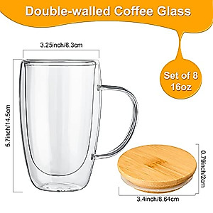 Eccliy 8 Pcs 16 oz Double Walled Glass Coffee Mugs Clear Coffee Mug Insulated Coffee Mugs with Handle and Bamboo Lid, Exquisite Clear Glass Cups for Coffee Tea Latte Cappuccino Espresso