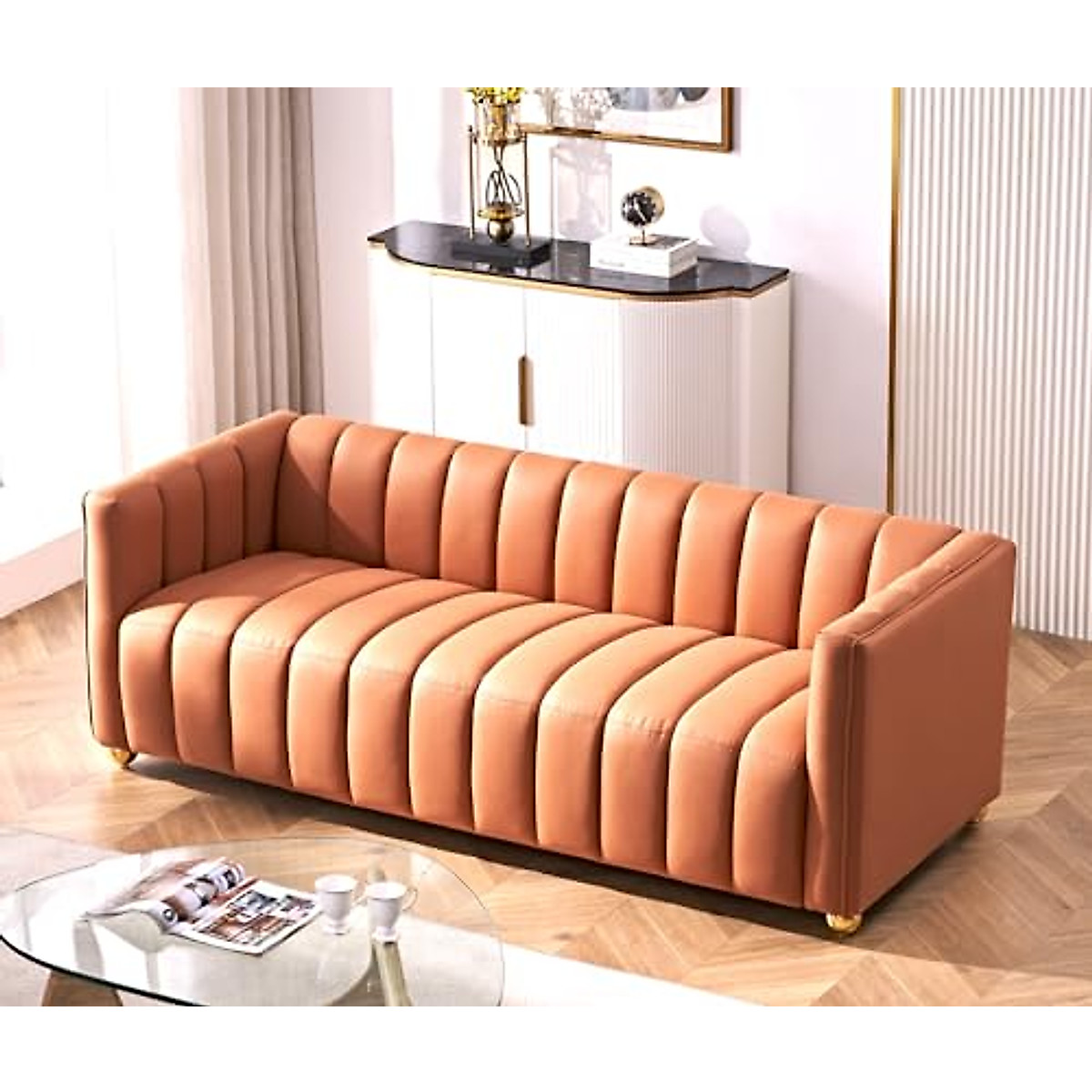 Container Furniture Glam Fabric Upholstered Solid Wood Frame 82.7" Art Deco Sofa for Living Room, Office, Sophisticated 3 Seater Couch, Orange