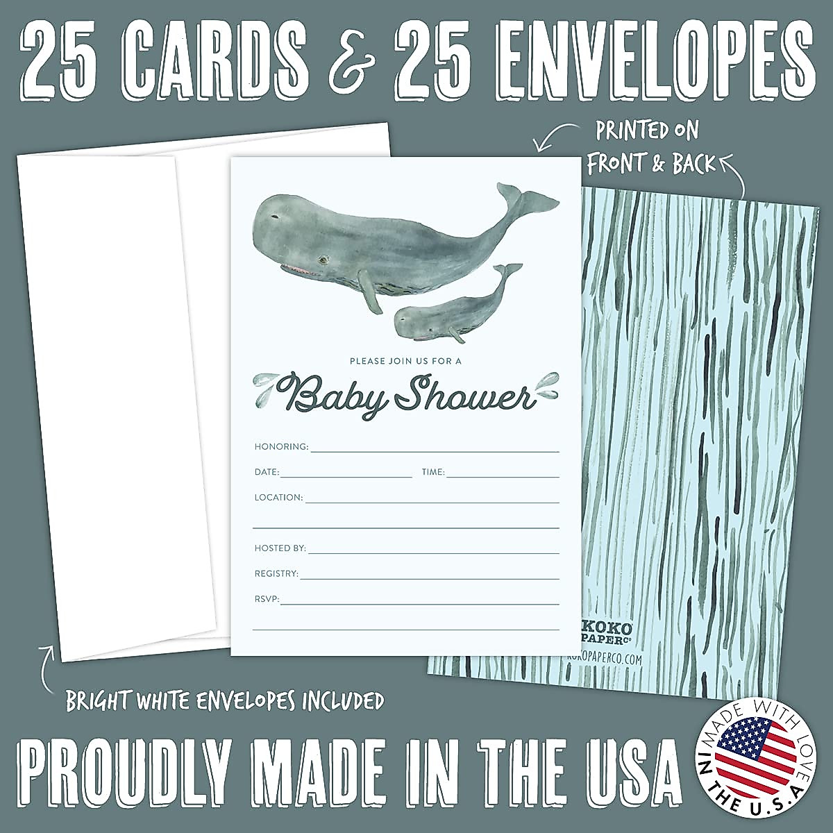 Koko Paper Co Whale Baby Shower Invitations | 25 Fill-in Invitations and Envelopes | Printed on Heavy Card Stock.